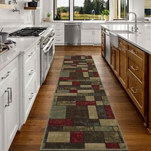 Machine Washable Boxes Design Non-Slip Rubberback 3x10 Traditional Runner Rug for Hallway, Kitchen, Bedroom, Living Room, 2'7" x 9'10", Multicolor