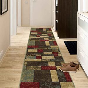 Machine Washable Boxes Design Non-Slip Rubberback 3x10 Traditional Runner Rug for Hallway, Kitchen, Bedroom, Living Room, 2'7" x 9'10", Multicolor