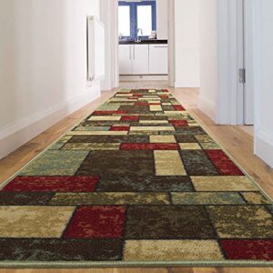 Machine Washable Boxes Design Non-Slip Rubberback 3x10 Traditional Runner Rug for Hallway, Kitchen, Bedroom, Living Room, 2'7" x 9'10", Multicolor