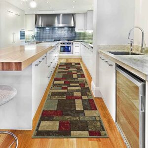 Machine Washable Boxes Design Non-Slip Rubberback 3x10 Traditional Runner Rug for Hallway, Kitchen, Bedroom, Living Room, 2'7" x 9'10", Multicolor