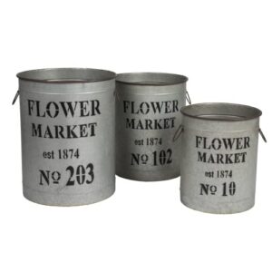 creative co-op decorative round metal buckets with handles and “flower market” message, set of 3 sizes, distressed silver