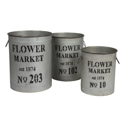 Creative Co-Op Decorative Round Metal Buckets with Handles and "Flower Market" Message, Set of 3 Sizes, Distressed Silver