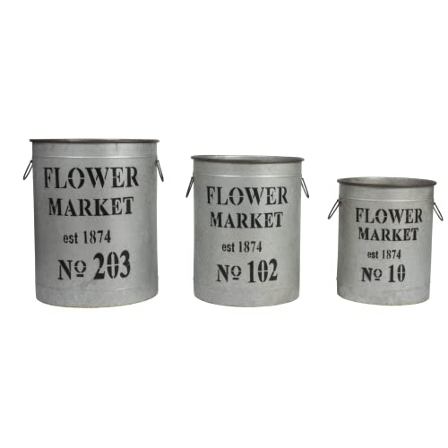 Creative Co-Op Decorative Round Metal Buckets with Handles and "Flower Market" Message, Set of 3 Sizes, Distressed Silver