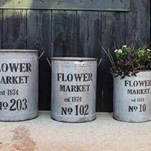 Creative Co-Op Decorative Round Metal Buckets with Handles and "Flower Market" Message, Set of 3 Sizes, Distressed Silver