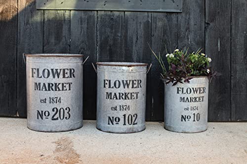 Creative Co-Op Decorative Round Metal Buckets with Handles and "Flower Market" Message, Set of 3 Sizes, Distressed Silver