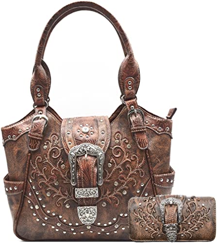 Western Style Tooled Leather Floral Women Conceal Carry Purse Buckle Handbags Country Shoulder Bags Wallet Set Brown