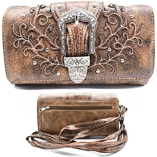 Western Style Tooled Leather Floral Women Conceal Carry Purse Buckle Handbags Country Shoulder Bags Wallet Set Brown