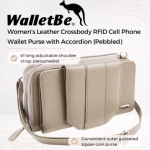 WalletBe Women's Wallet RFID Cell Phone Purse Leather Crossbody with Accordion Pebbled Taupe