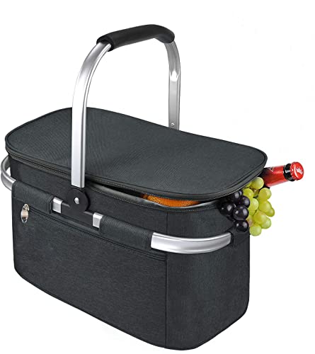 Picnic Basket Foldable Insulated with lid 32L Extra Large Insulated Bag for Picnic, Food Delivery, Take Outs, Grocery Shopping, and as Cooler Bag. Foldable Design