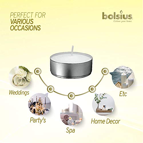 BOLSIUS 100 Pack Unscented Tea Lights - 3.5 Hours - Premium European Quality - Consistent Smokeless Flame - 100% Cotton Wick - Dinner, Wedding, Party, Restaurant, Spa, Church, & Home Décor Tealights