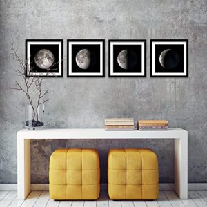 ENGLANT - 4 Pieces Framed Moon Phases Canvas Wall Art, Black and White Bedroom Wall Decor, Abstract Giclee Space Artwork with Matting and Acrylic Panel Sealing, for Home and Office Decoration