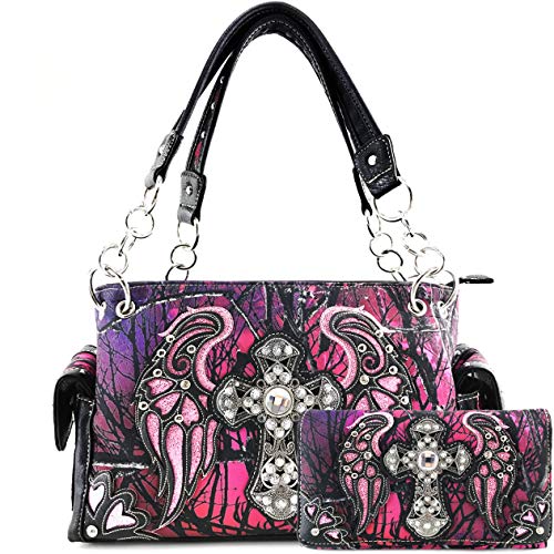 Zelris Camouflage Shine Glow Cross Wings Women Conceal Carry Handbag with Wallet (Purple)