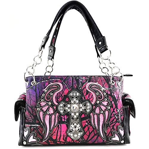 Zelris Camouflage Shine Glow Cross Wings Women Conceal Carry Handbag with Wallet (Purple)