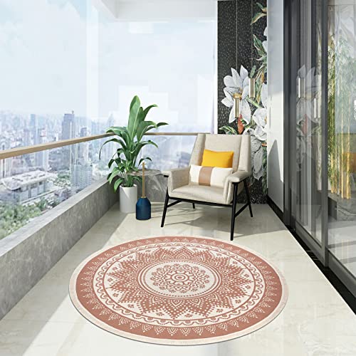 SHACOS 4 Ft Round Rug Boho Mandala Woven Cotton Area Rug Washable Chic Decorative Circle Rug with Tassels for Living Room Bedroom Kids Room (4 ft, Peacock Flower)