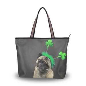 my daily women tote shoulder bag cute pug dog st. patrick’s day handbag medium