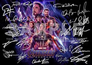 avengers endgame print rdj, stan lee, chris pratt, tom hiddleston, chris hemsworth, chris evans, black panther, spiderman, captain america, iron man. (11.7″ x 8.3″)