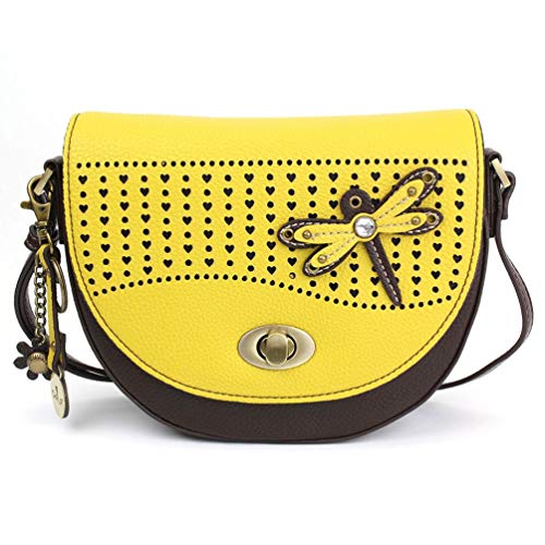 Chala Half Moon Organizer Crossbody Cell Phone Purse-Women Faux Leather Multicolor Handbag with Adjustable Strap - Dragonfly Mustard