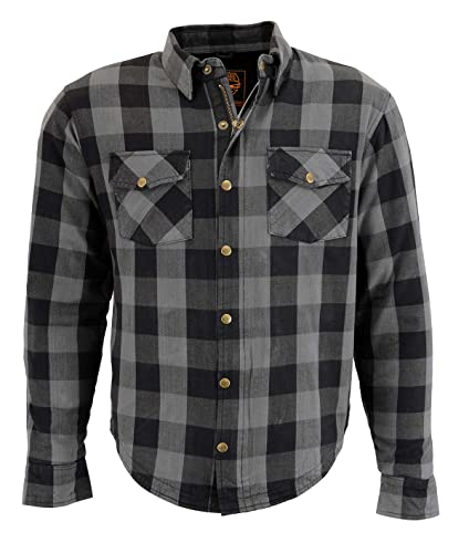 Milwaukee Leather MPM1630 Men's Plaid Flannel Biker Shirt with CE Approved Armor - Reinforced w/Aramid Fibers - X-Large Grey