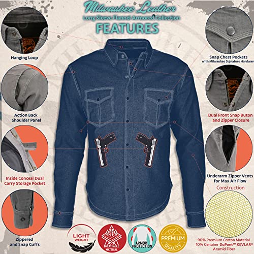 Milwaukee Leather MPM1630 Men's Plaid Flannel Biker Shirt with CE Approved Armor - Reinforced w/Aramid Fibers - X-Large Grey