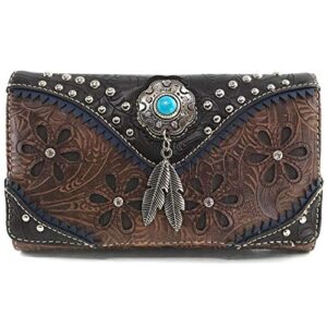 zelris floral western pu tooled leather turquoise concho feathers crossbody trifold wallet (brown)