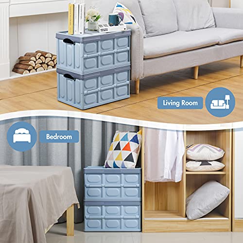 Homde Pack of 2 Collapsible Storage Bins with Lid Crates Plastic Tote Storage Box Container (Blue, Large)