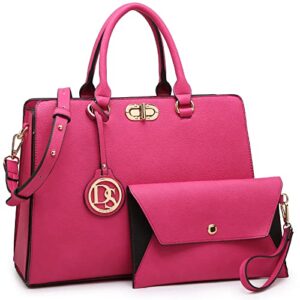 dasein women handbags fashion satchel purses top handle tote work bags shoulder bags with matching clutch 2pcs set (peppled fuchsia)