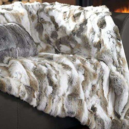 Natural Real Luxury Rabbit Fur Rug Throw Blanket Rug Premium Quality Thick and Lush Tan(55in x 63 in)