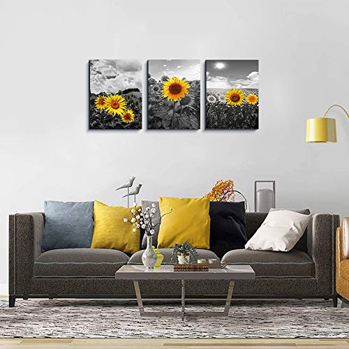 Canvas Wall Art For Living Room Family Wall Decor For Kitchen Black And White Pastoral Scenery Sunflower Flowers Bedroom Wall Painting Art Home Decoration Bathroom Wall Pictures Artwork 16x12 3 Piece