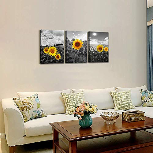 Canvas Wall Art For Living Room Family Wall Decor For Kitchen Black And White Pastoral Scenery Sunflower Flowers Bedroom Wall Painting Art Home Decoration Bathroom Wall Pictures Artwork 16x12 3 Piece