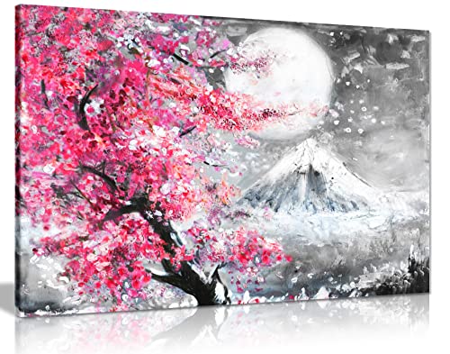 Panther Print, Canvas Prints, Framed Wall Art for Bedroom & Living Room, Modern Home Decor, Pink Black & White Oil Painting Japanese Cherry Blossom Landscape, Print for Special Occasions (31x20cm)