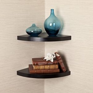 Danya B. Floating Wall Mount Laminate Wood Corner Wall Radial Shelves (Set of 2) - Black, for Home or Office, Easy to Install, Great for Books, Toys, Small Decor Accents, Ideal for Space Saving