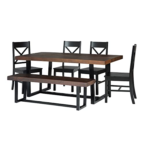 Walker Edison Barnes 6-Piece Rustic Metal and Wood Dining Table with X-Back Chairs, Set of 6, Mahogany/Black