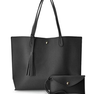 Minimalist Clean Cut Pebbled Faux Leather Tote Womens Shoulder Handbag (Black)