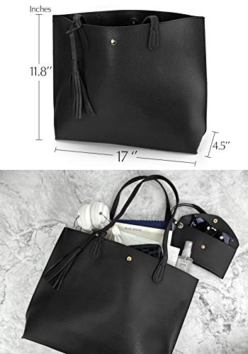 Minimalist Clean Cut Pebbled Faux Leather Tote Womens Shoulder Handbag (Black)