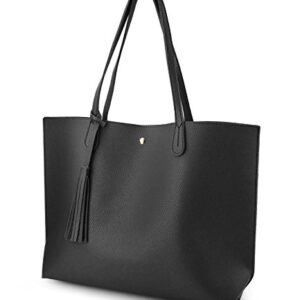 Minimalist Clean Cut Pebbled Faux Leather Tote Womens Shoulder Handbag (Black)