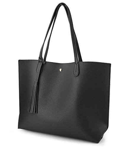 Minimalist Clean Cut Pebbled Faux Leather Tote Womens Shoulder Handbag (Black)