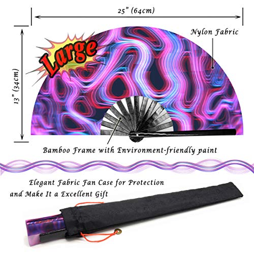 Zolee Large Rave Folding Hand Fan with Bamboo Ribs for Men/Women - Chinese Japanese Handheld Fan with Fabric Case - for Dance Music Festival Party, Performance, Decorations, Gift (Psychedelic)