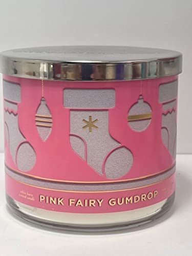 Bath & Body Works Pink Fairy Gumdrop 3 Wick Candle 14.5 Ounce Pink Label with Stockings and Ornaments