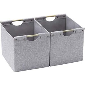 hoonex large foldable storage bins, linen fabric, 2 pack, with wooden carry handles and sturdy heavy cardboard, for home, office, car, nursery, light grey