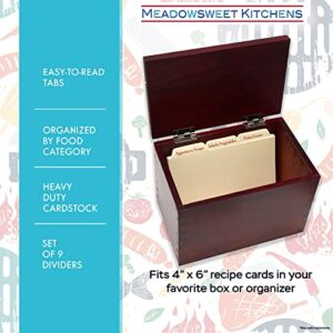 Meadowsweet Kitchens Recipe Card Box Tab Divider Set - Tab Dividers Printed on Neutral Color Card Stock - Set of 9 Tab Dividers for 4x6 Recipe Cards (or 3x5) for Paperboard, Wood & Acrylic Boxes