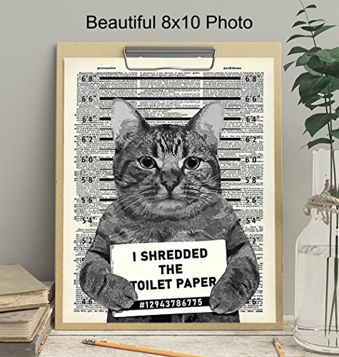 Guilty Cat Wall Decor - Cat Wall Art - Dictionary Art - 8x10 Humorous Poster, Mugshot Wall Art or Home Decoration for Bathroom, Bath - Funny Gag Gift for Cat Lovers - Upcycled Picture Photo Print