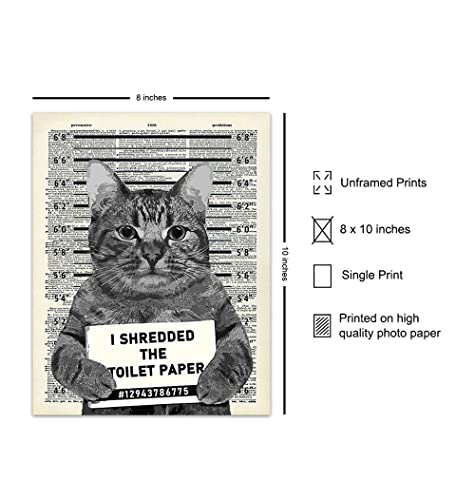 Guilty Cat Wall Decor - Cat Wall Art - Dictionary Art - 8x10 Humorous Poster, Mugshot Wall Art or Home Decoration for Bathroom, Bath - Funny Gag Gift for Cat Lovers - Upcycled Picture Photo Print