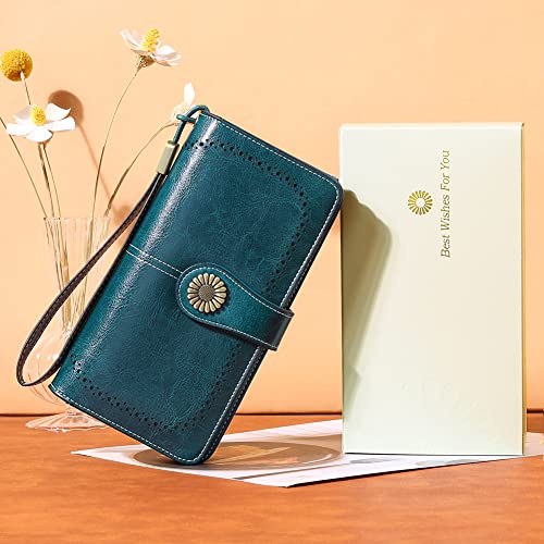 SENDEFN Wallets for Women Genuine Leather Credit Card Holder with RFID Blocking Large Capacity Wristlet