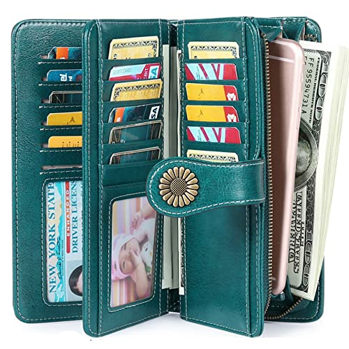 SENDEFN Wallets for Women Genuine Leather Credit Card Holder with RFID Blocking Large Capacity Wristlet