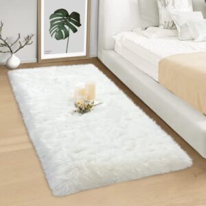 white fur rug fluffy rug, small rugs for bedroom, washable faux sheepskin rug for sofa couch seat cushion, thick shaggy furry rugs floor carpets for bedside living room, 2×4 ft, ciicool