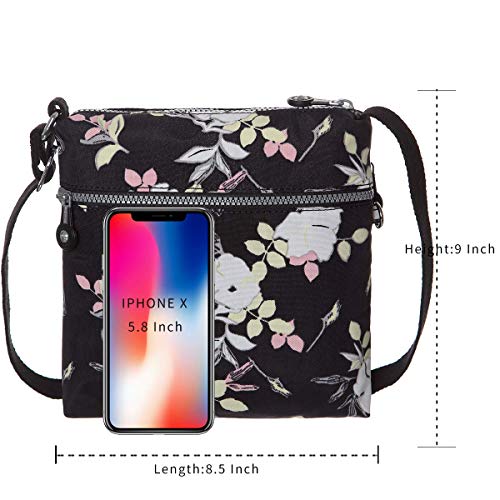 AOCINA Crossbody Purses for Women Lightweight Small Travel Bag Shoulder Purses and Handbags with Multi Zipper Pockets (Black Flower)