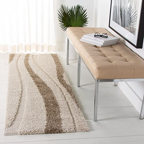 SAFAVIEH Florida Shag Collection 2'3" x 7' Cream / Dark Brown SG451 Abstract Stripe Non-Shedding Living Room Bedroom Dining Room Entryway Plush 1.2-inch Thick Runner Rug