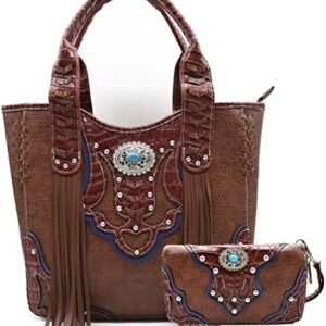 Western Style Cowgirl Fringe Concealed Purse Conchos Totes Country Women Handbag Shoulder Bags Wallet Set (1 Brown Set)