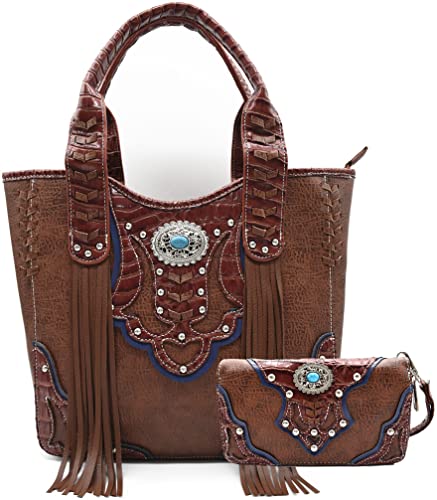 Western Style Cowgirl Fringe Concealed Purse Conchos Totes Country Women Handbag Shoulder Bags Wallet Set (1 Brown Set)