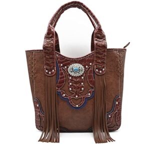 Western Style Cowgirl Fringe Concealed Purse Conchos Totes Country Women Handbag Shoulder Bags Wallet Set (1 Brown Set)